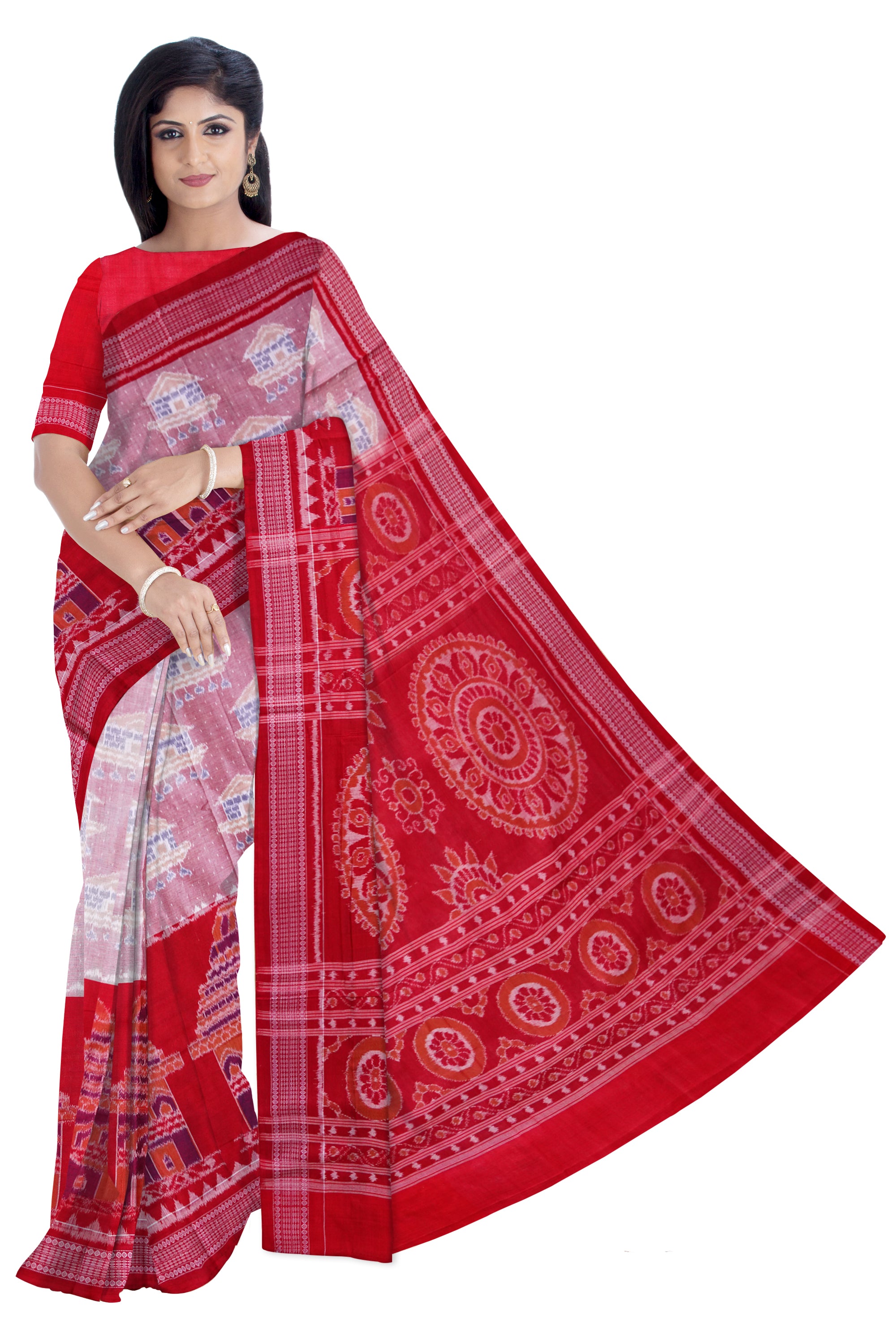 Konark desiged on whole body in Red and white colour, pallu design is