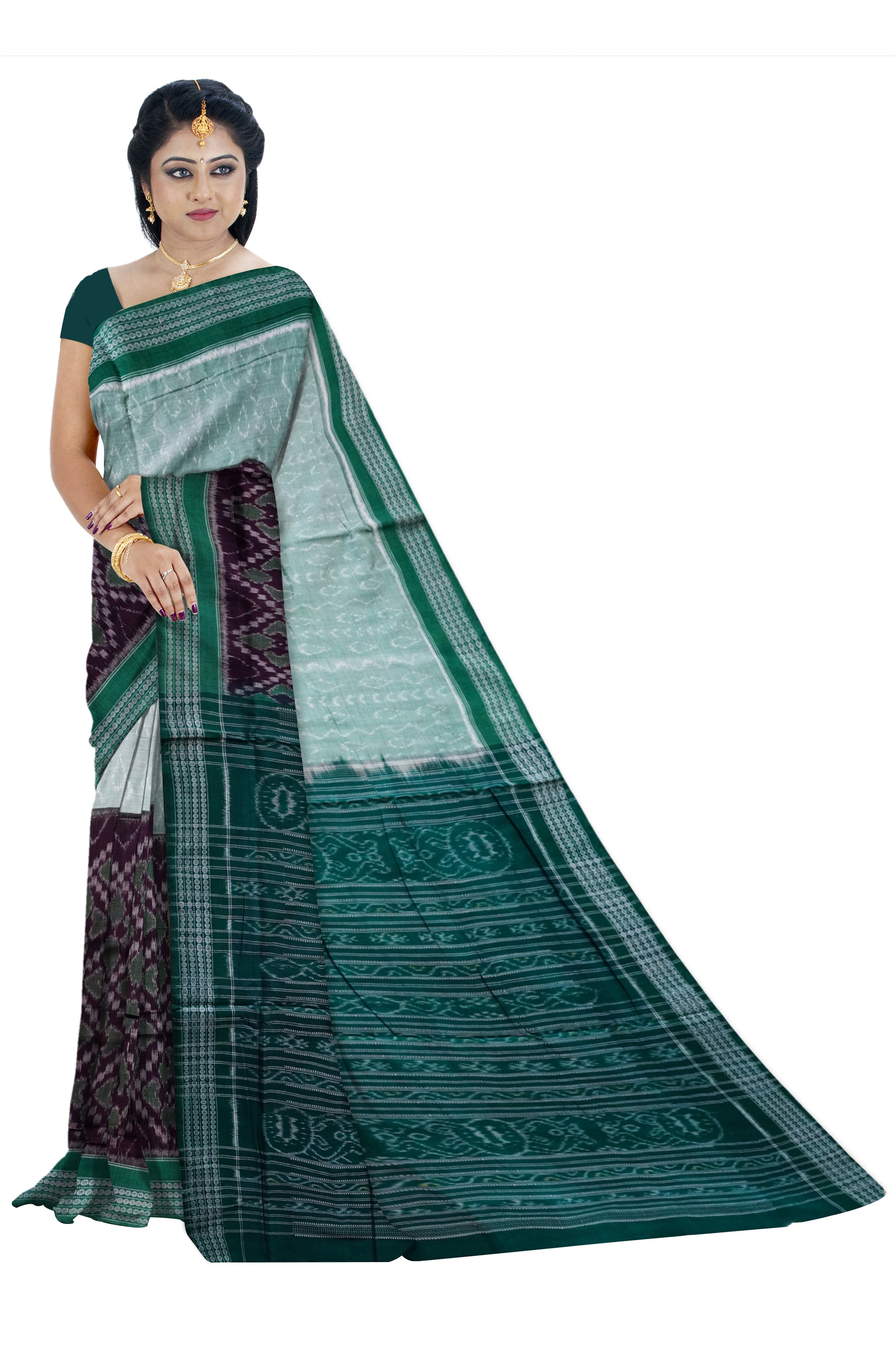 Double color flowers pattern half design bandha cotton saree in coffee