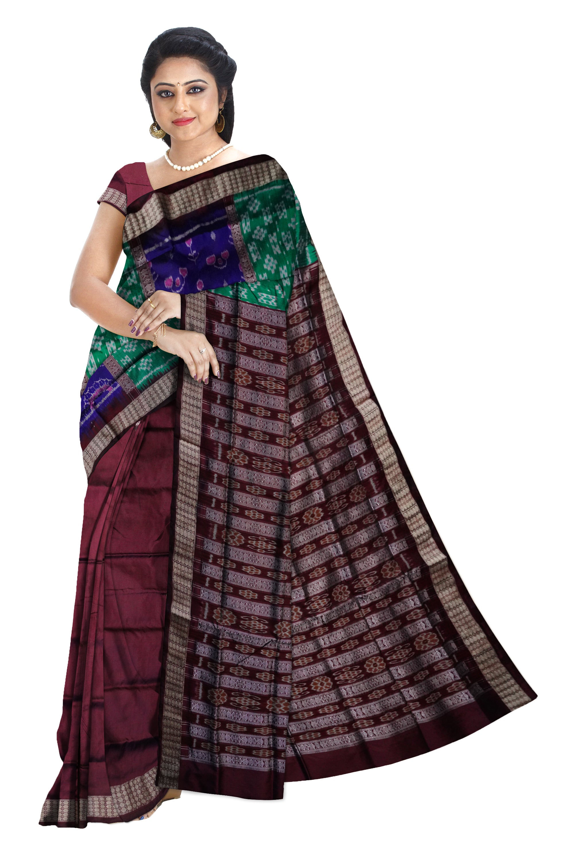 Blue & Maroon color pasapali pattern patli pata saree.
