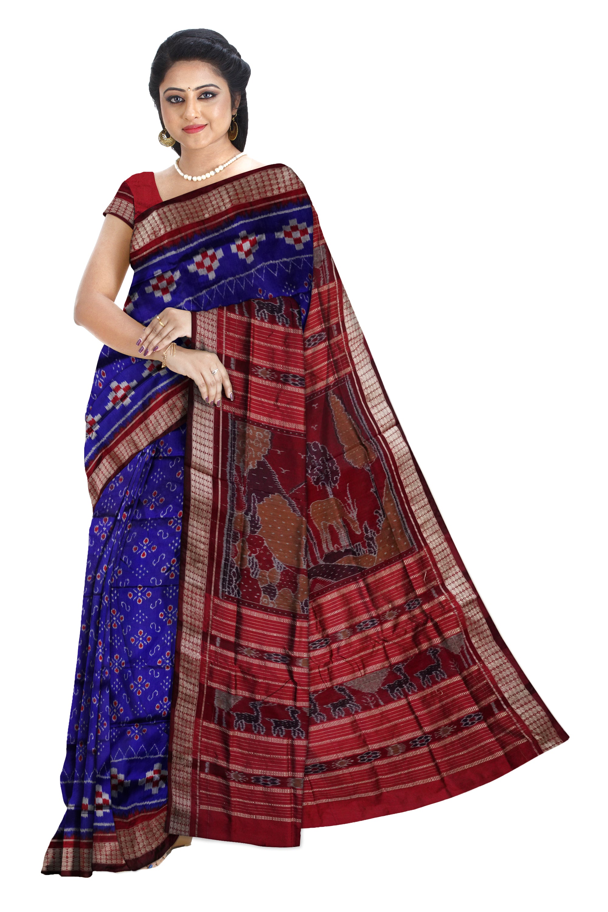 Small bandha work with pasapli design on border side in deep blue and