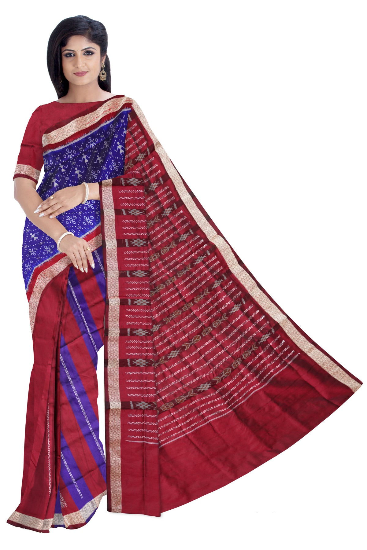 Blue and maroon terracotta patli pata saree, bandha pallu design.