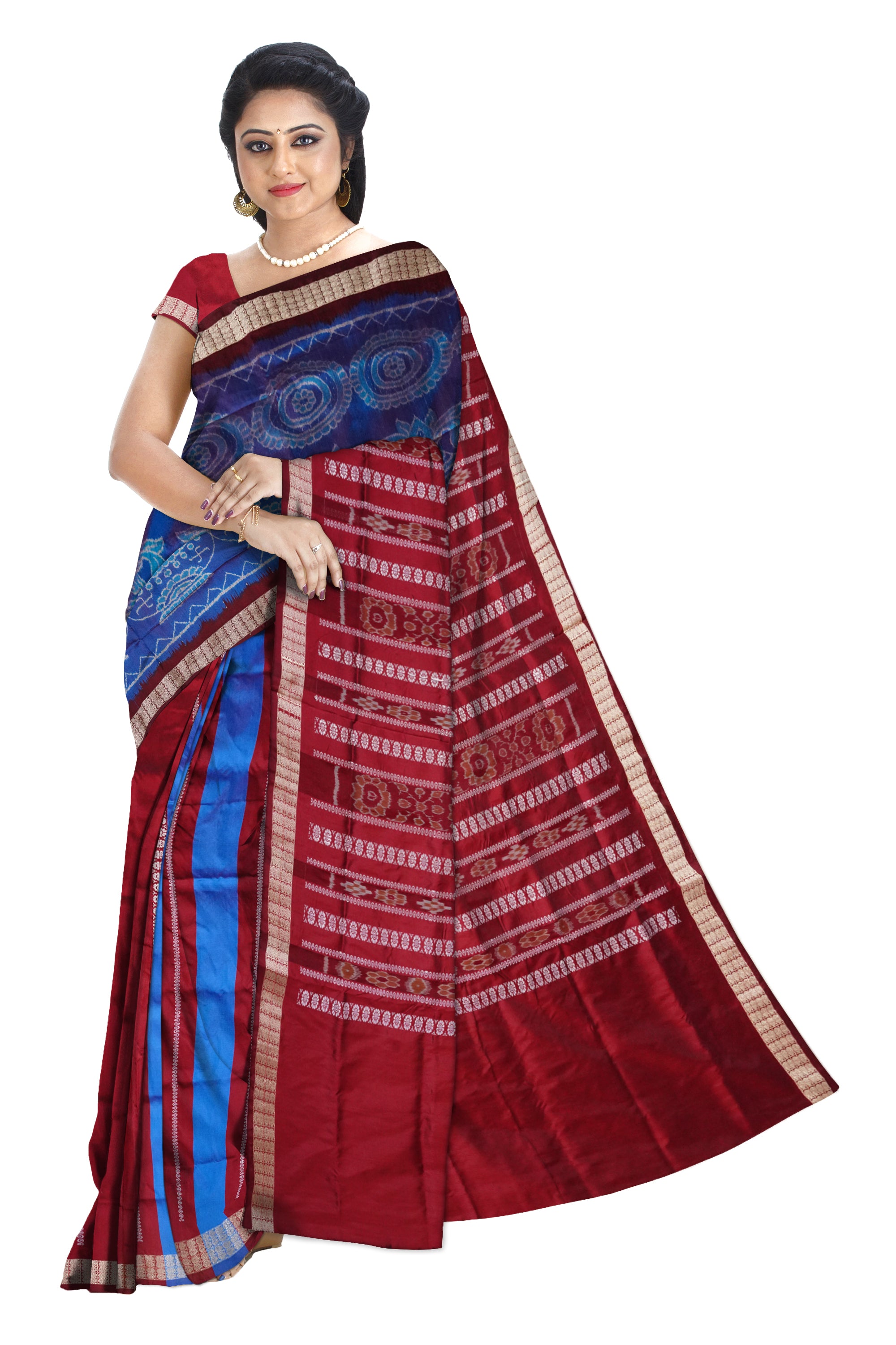 Sky blue and maroon patli saree, bandha pallu, traditional kalash with