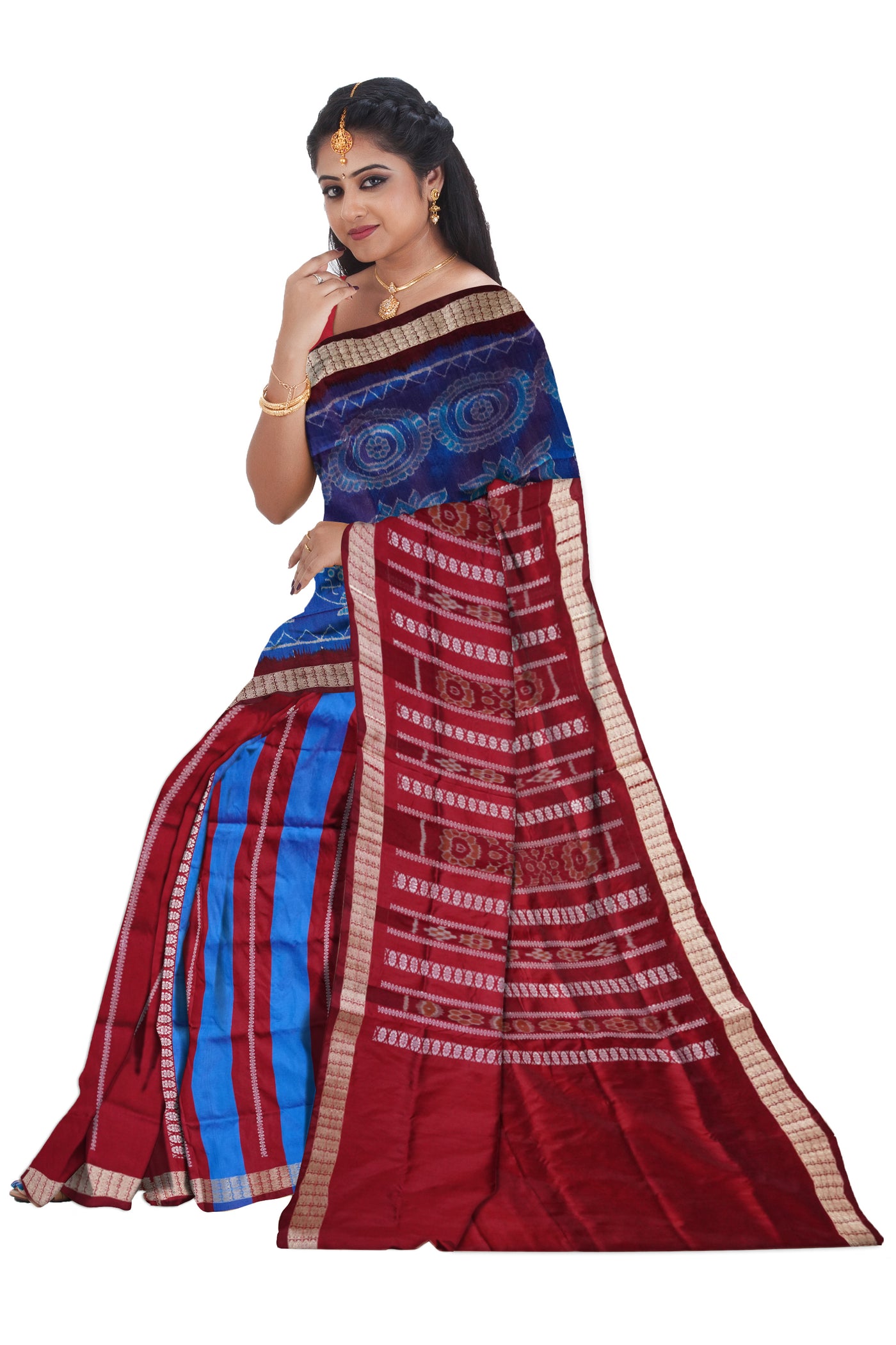Sky blue and maroon patli saree, bandha pallu, traditional kalash with