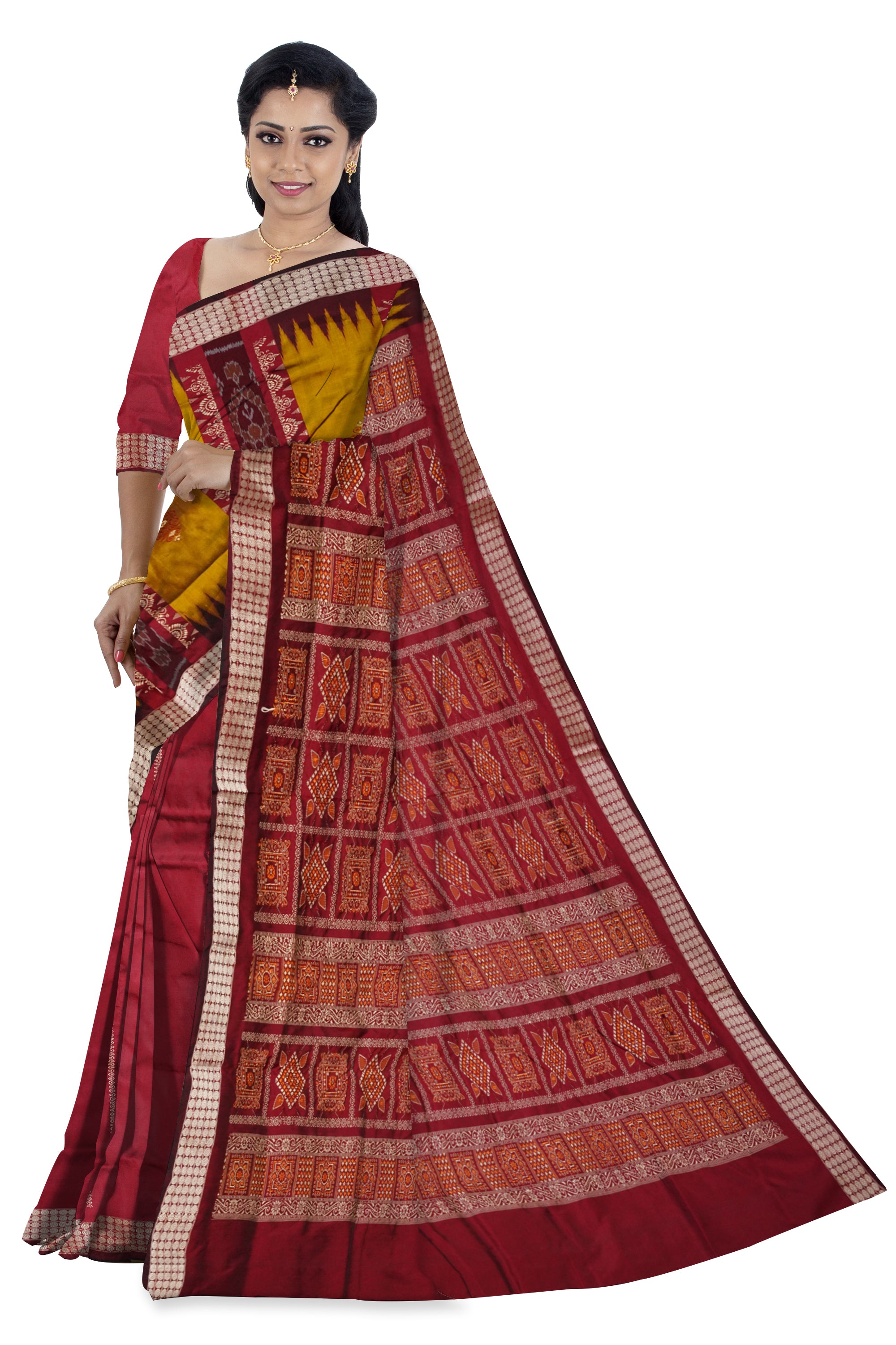 Yellow and Maroon Bomkei pallu Sambalpuri patli pata saree.