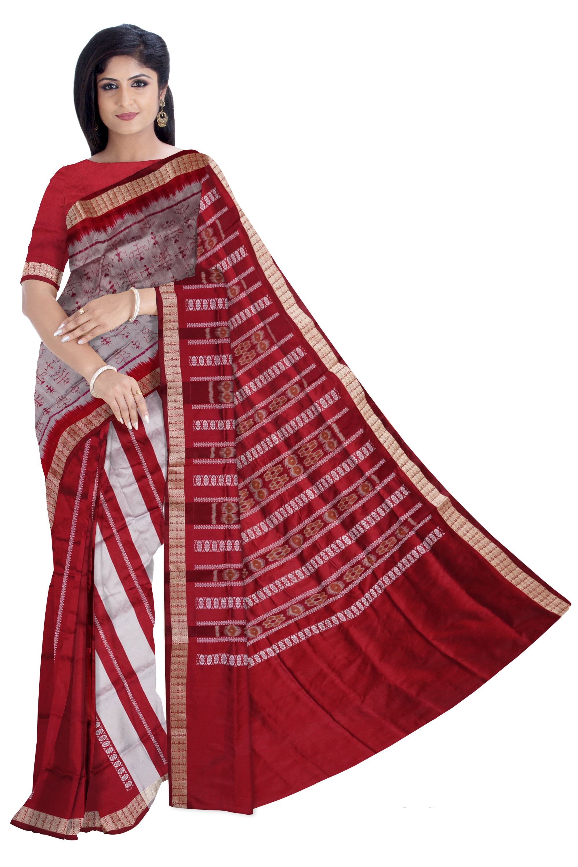 Latest silver and maroon terracotta patli pata saree with bandha patte