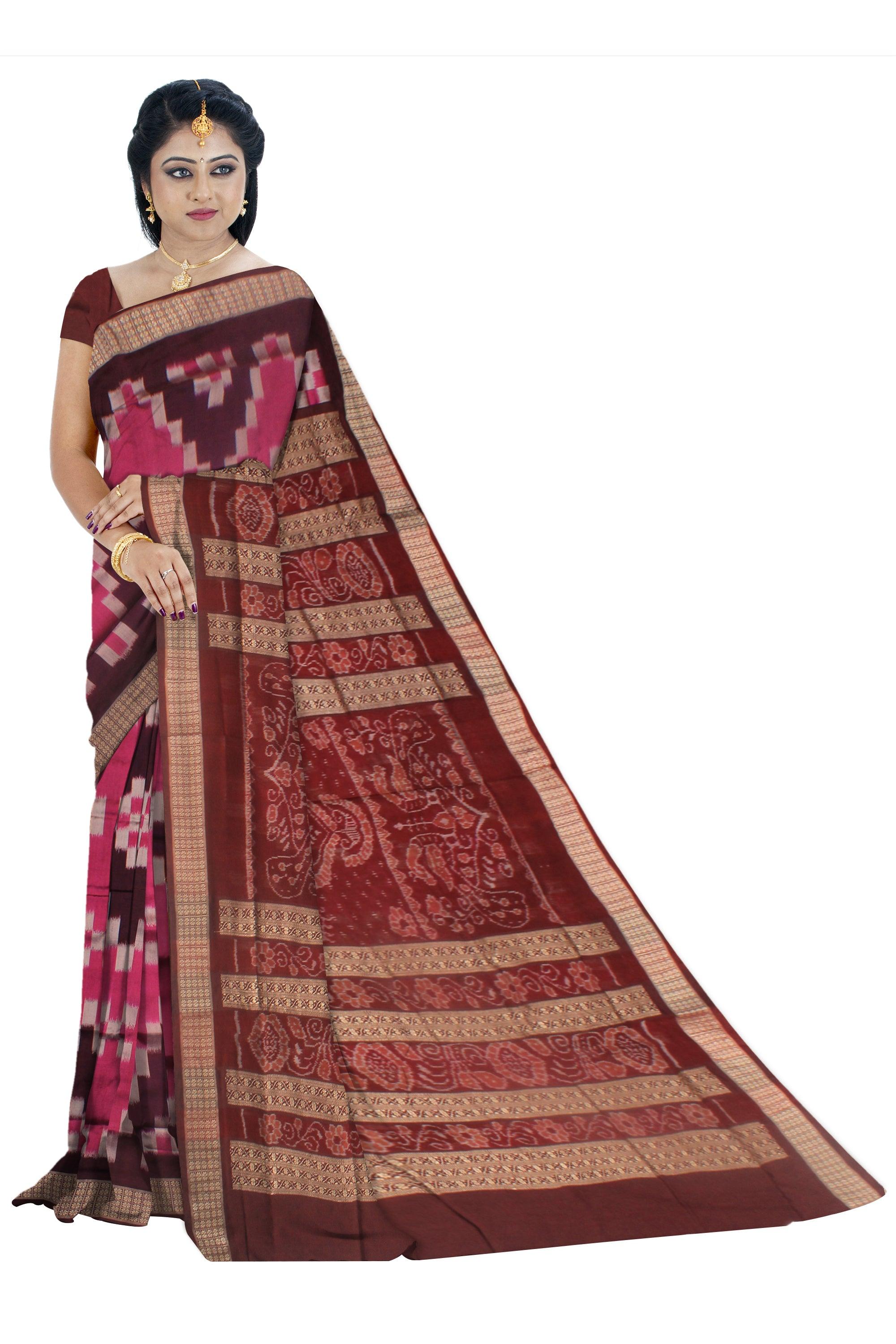 Sonepur Pata saree with Pasapali design in pink and coffee.