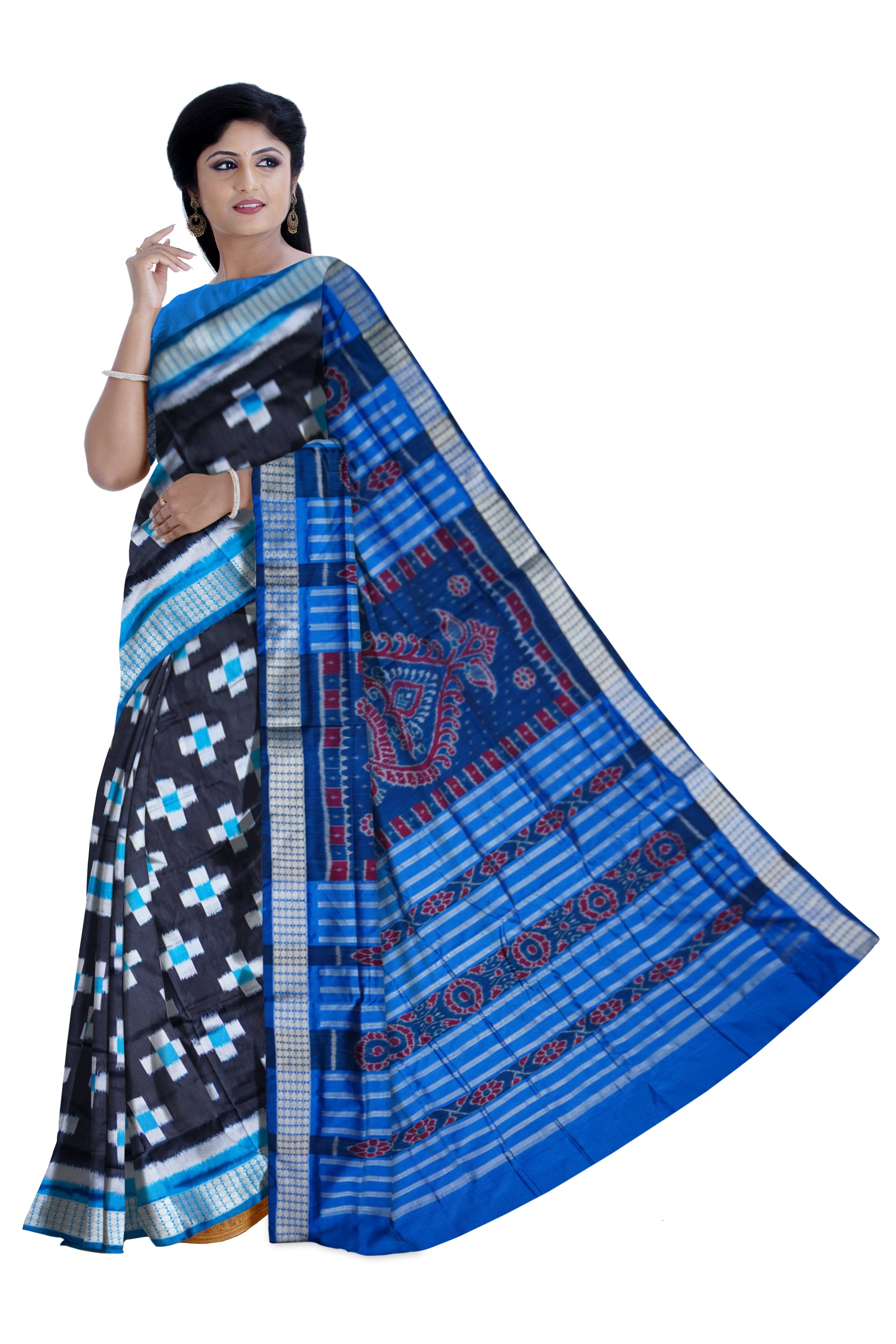 Full body have black and Pallu is sky color base Pasapali pattern Pata