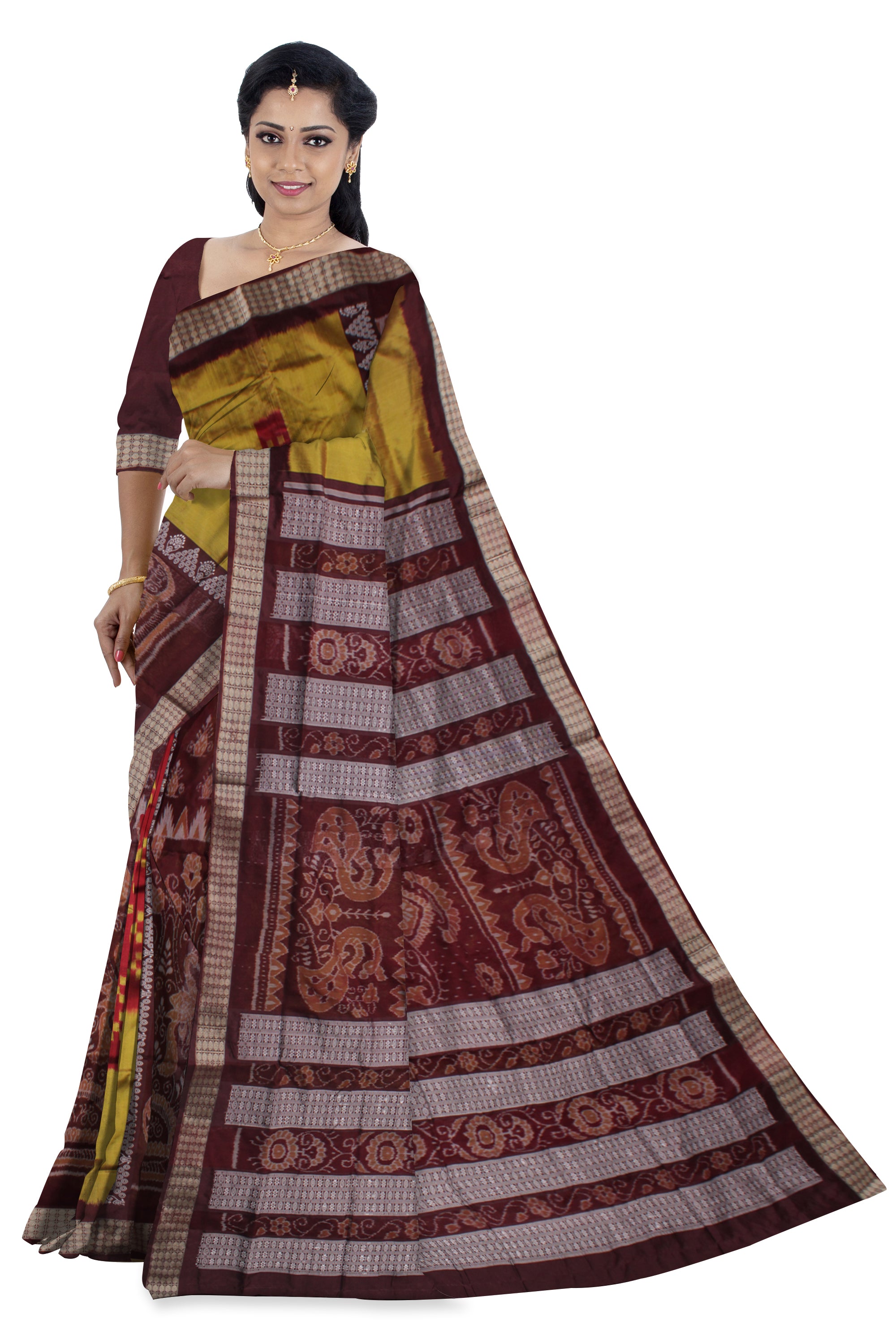 Sapta with Bandha pattern Bomkei Pata saree is Mustard Yellow,Maroon a