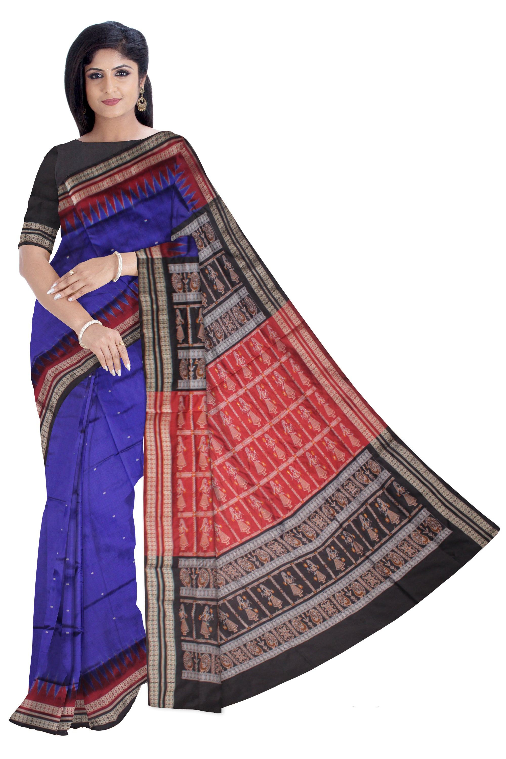 Blue,maroon and black color base body plain with Pallu doll print patt