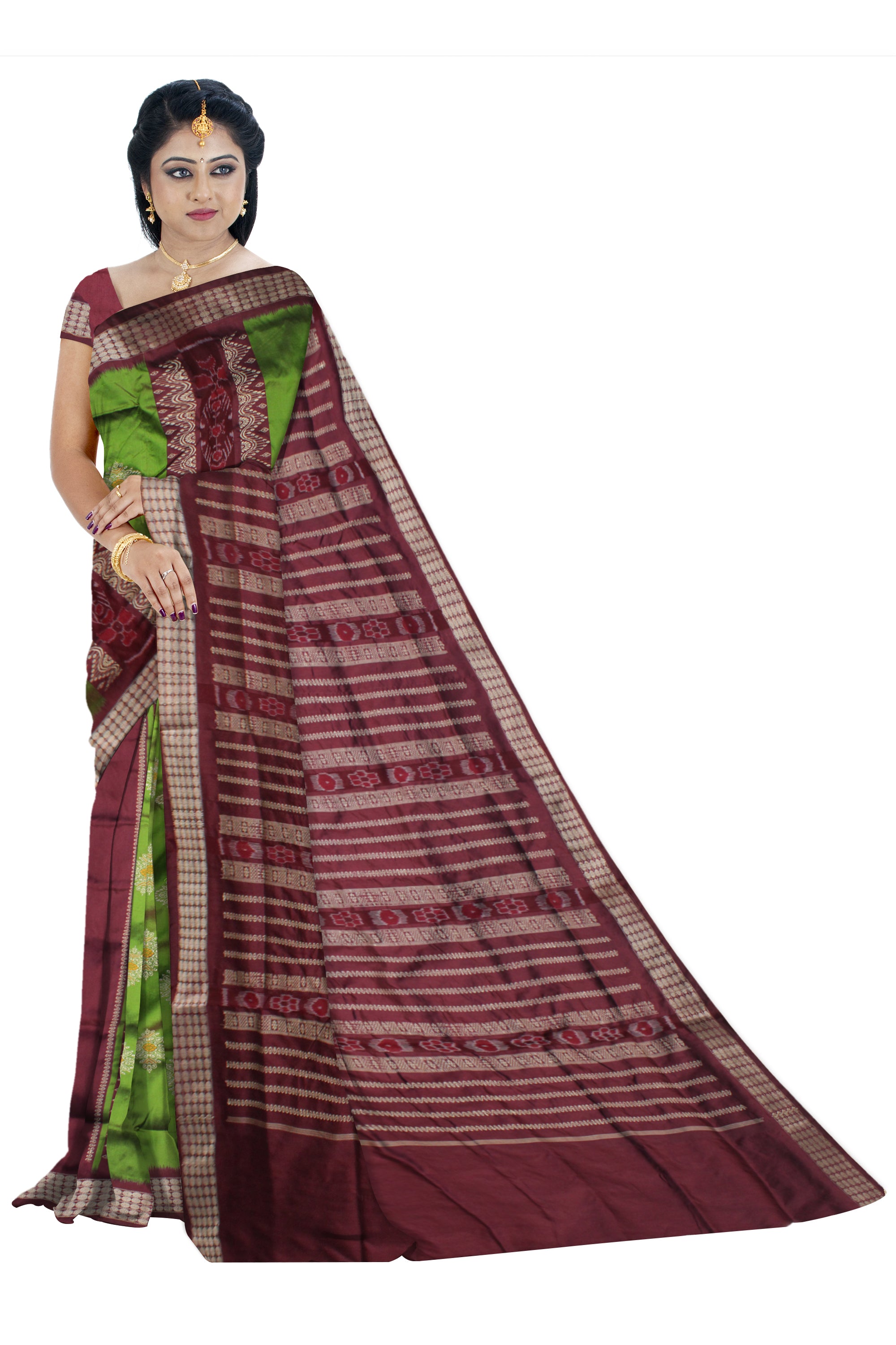Green and coffee color Patli Pata saree. - Koshali
