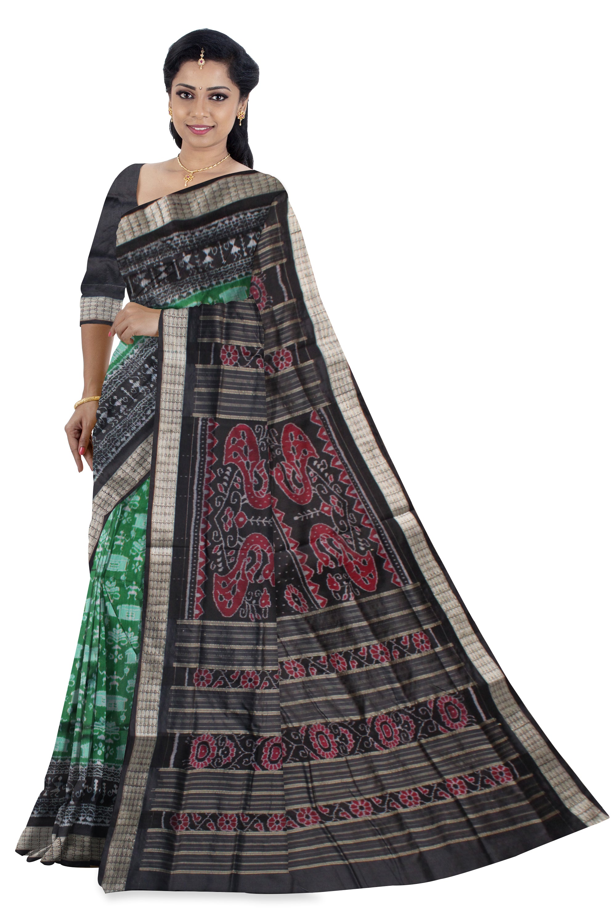 Green and Black color terracotta pattern silk saree.