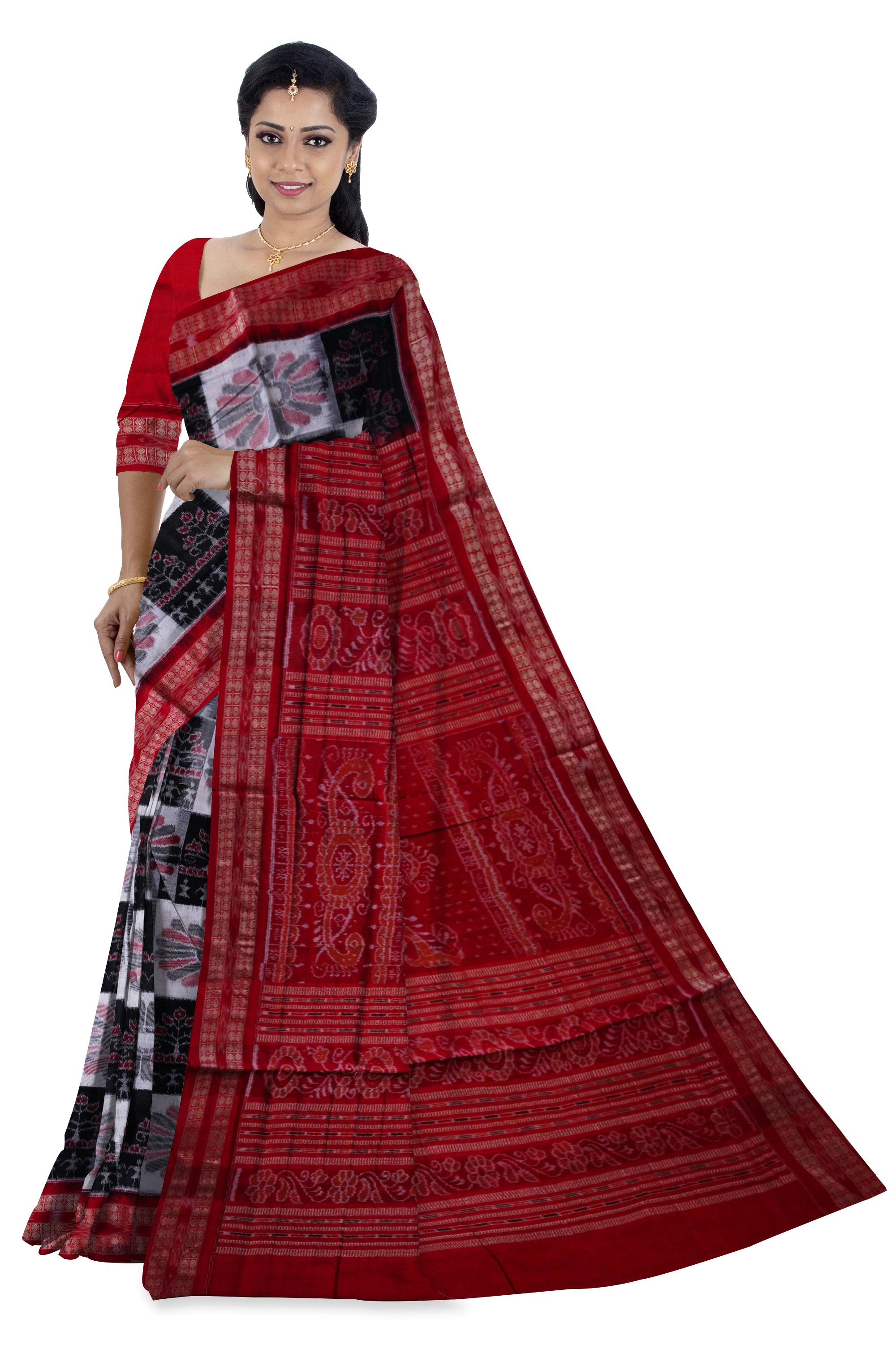 Black, White & Red color box pattern pure cotton saree.
