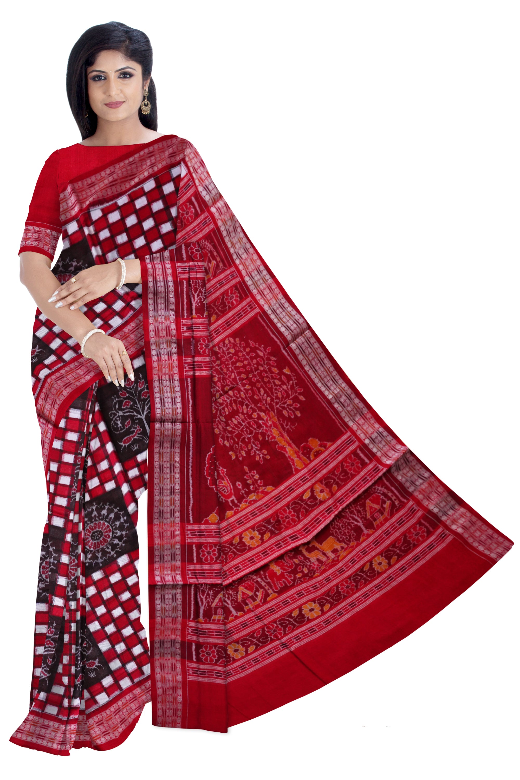 Traditional Pasapali with village pattern pure cotton saree is red col