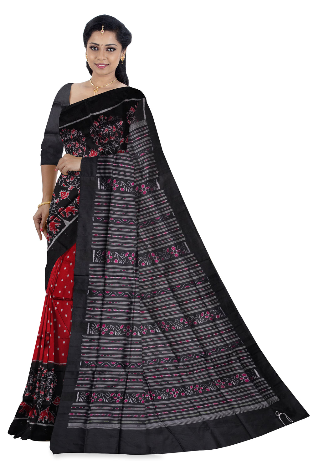 Traditional tree with elephant pattern pata saree is maroon & black co
