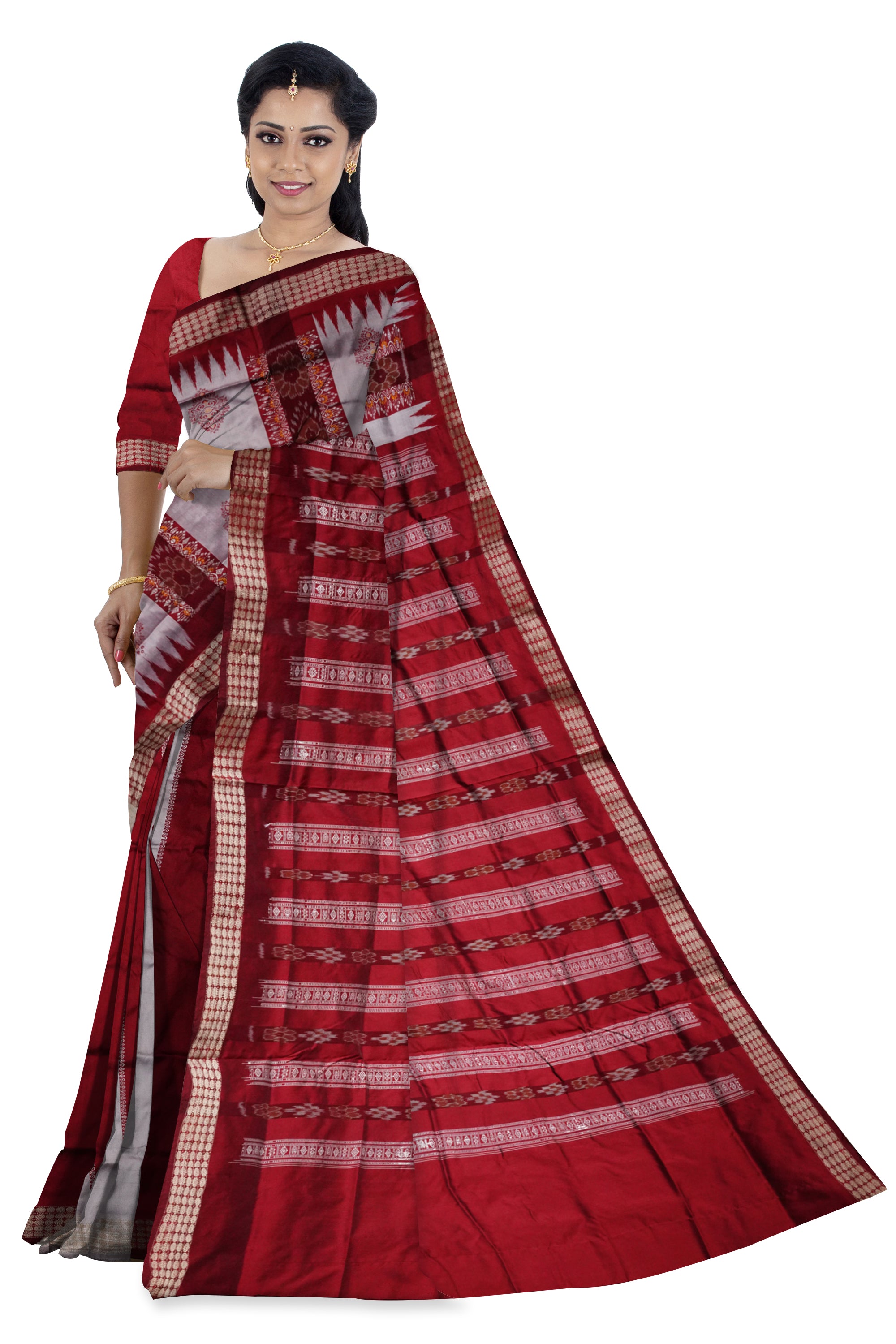 Latest patli design pata saree in Silver & Maroon color.
