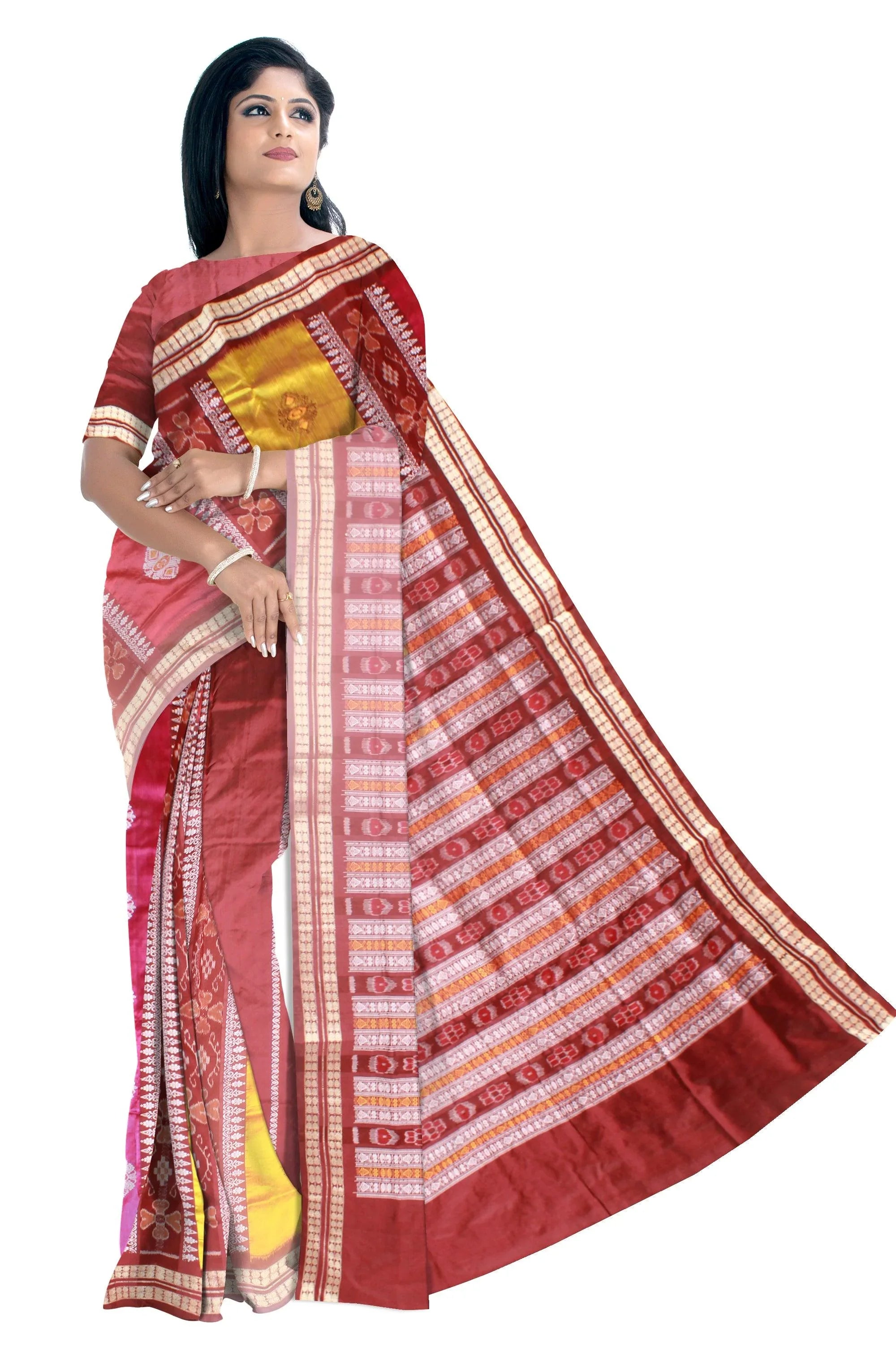 Latest Patli design Sambalpuri pata Saree in Maroon Yellow and Pink co